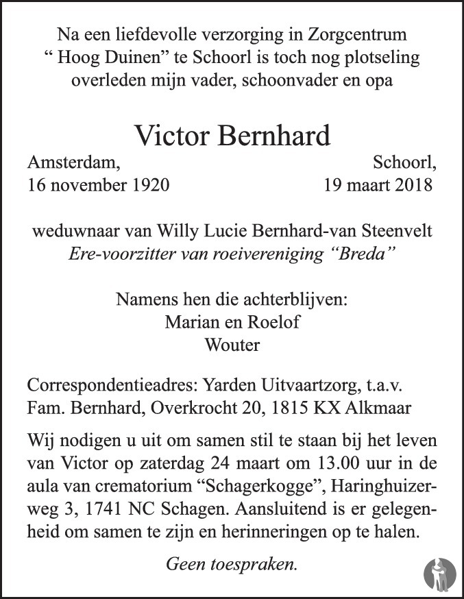 Victor Bernhard 19-03-2018 overlijdensbericht en condoleances ...