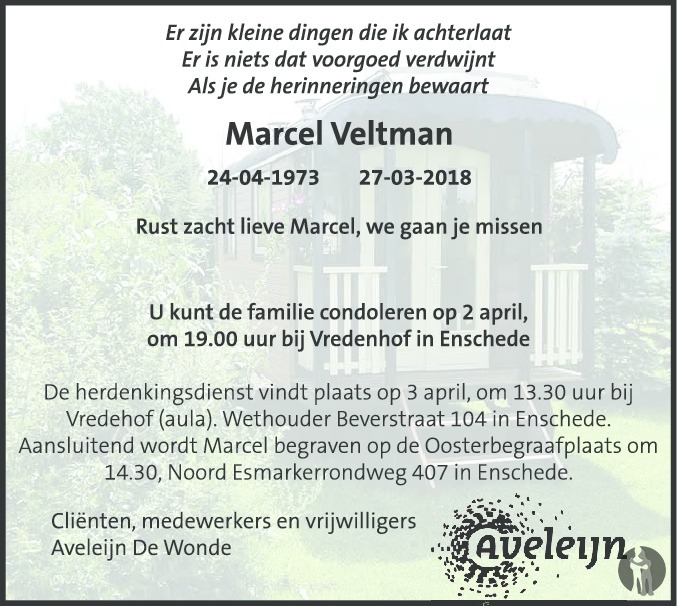 Marcel Veltman 27-03-2018 overlijdensbericht en condoleances ...