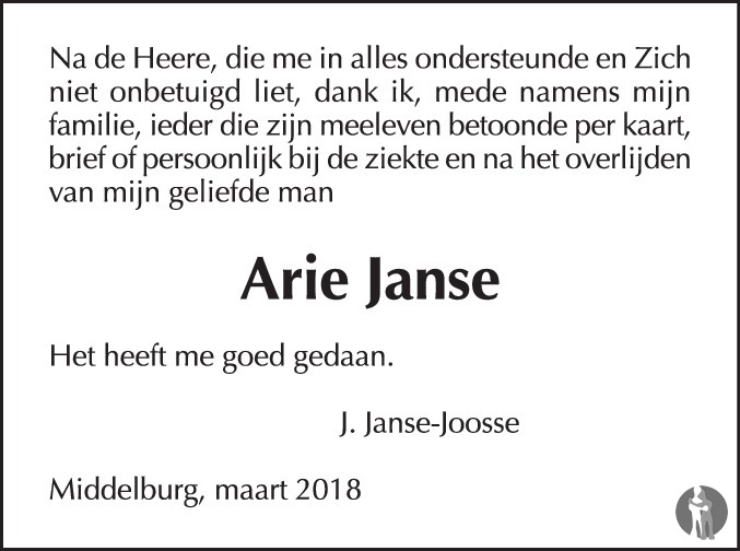 Arie Janse 04-03-2018 overlijdensbericht en condoleances - Mensenlinq.nl