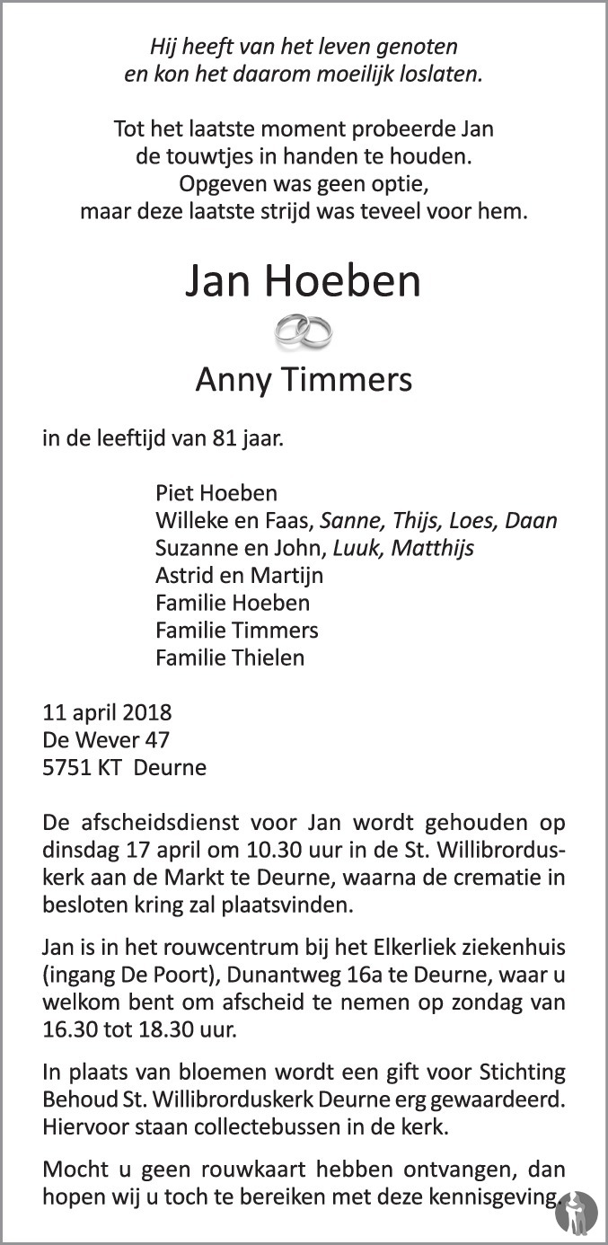 Jan Hoeben 11-04-2018 overlijdensbericht en condoleances - Mensenlinq.nl