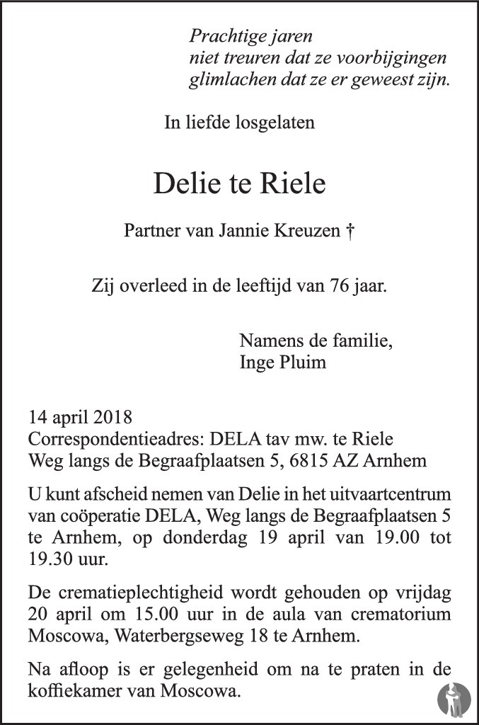 Delie te Riele 14-04-2018 overlijdensbericht en condoleances ...