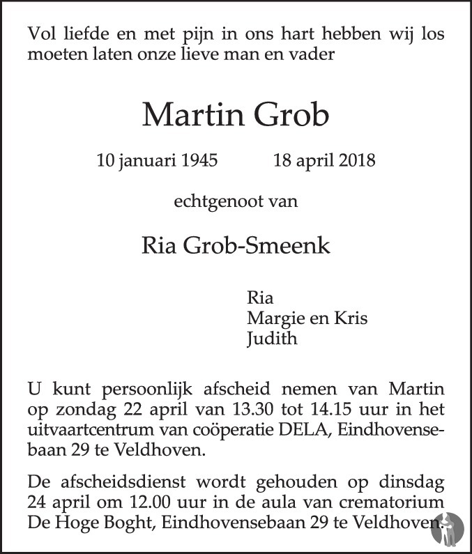 Martin Grob 18-04-2018 overlijdensbericht en condoleances - Mensenlinq.nl