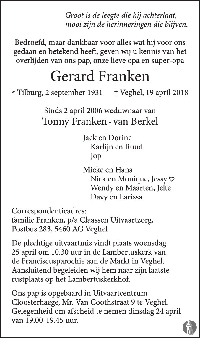 Gerard Franken 19-04-2018 overlijdensbericht en condoleances ...
