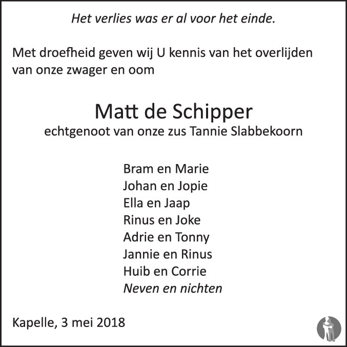 Matt de Schipper 03-05-2018 overlijdensbericht en condoleances ...
