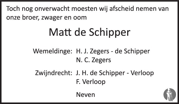 Matt de Schipper 03-05-2018 overlijdensbericht en condoleances ...