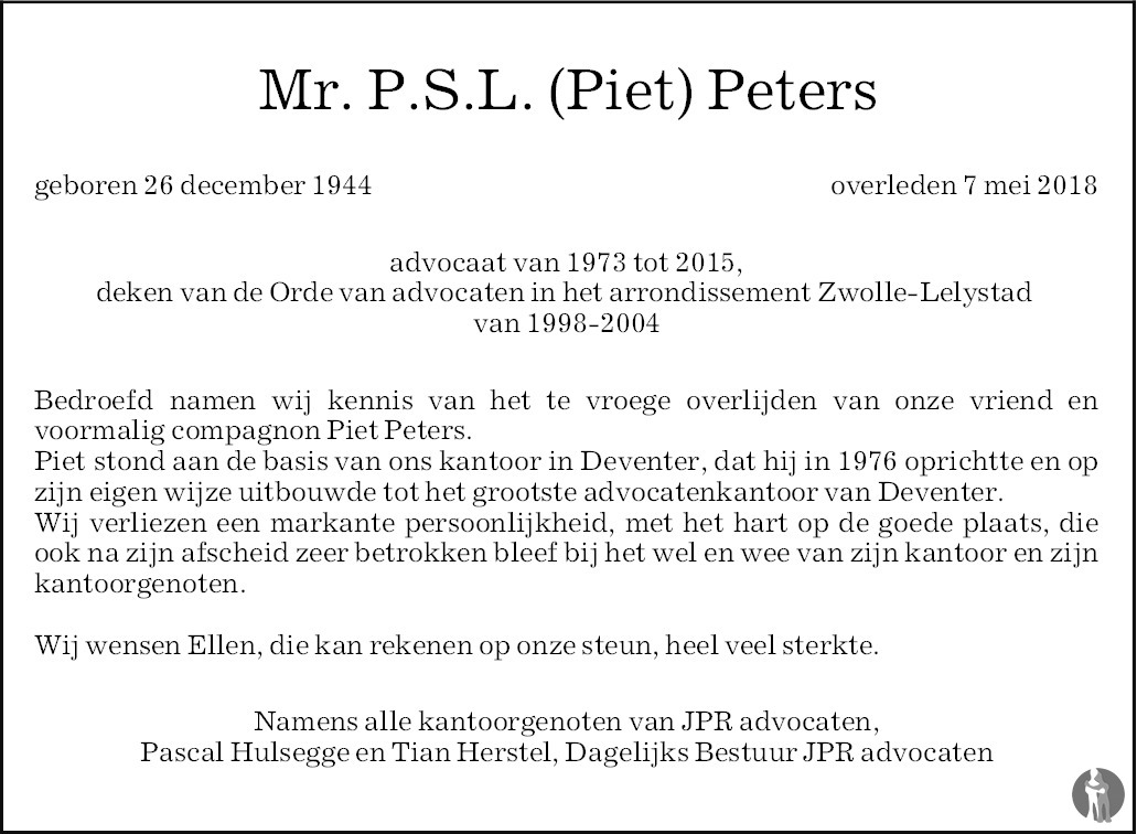 Mr. P.S.L. (Piet) Peters 07-05-2018 overlijdensbericht en condoleances - Mensenlinq.nl