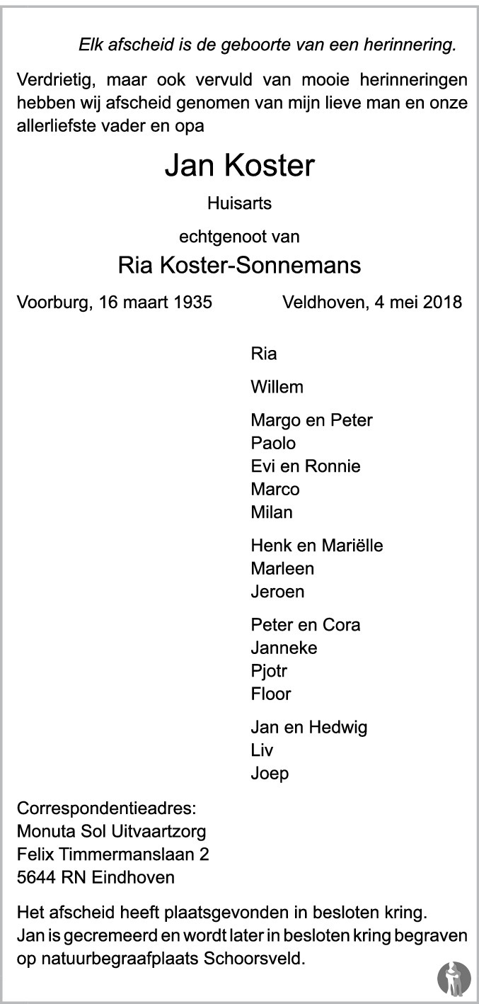 Jan Koster 04-05-2018 overlijdensbericht en condoleances - Mensenlinq.nl