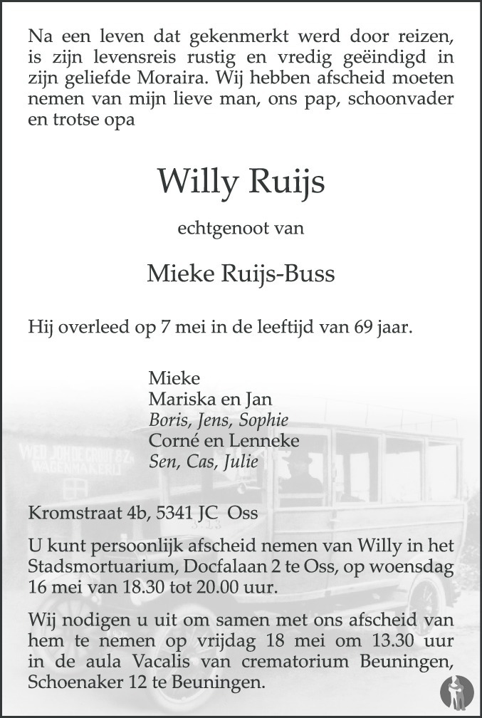 Willy Ruijs 07-05-2018 overlijdensbericht en condoleances - Mensenlinq.nl