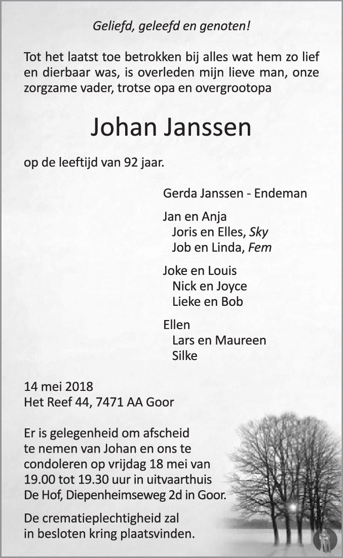 Johan Janssen 14-05-2018 overlijdensbericht en condoleances - Mensenlinq.nl