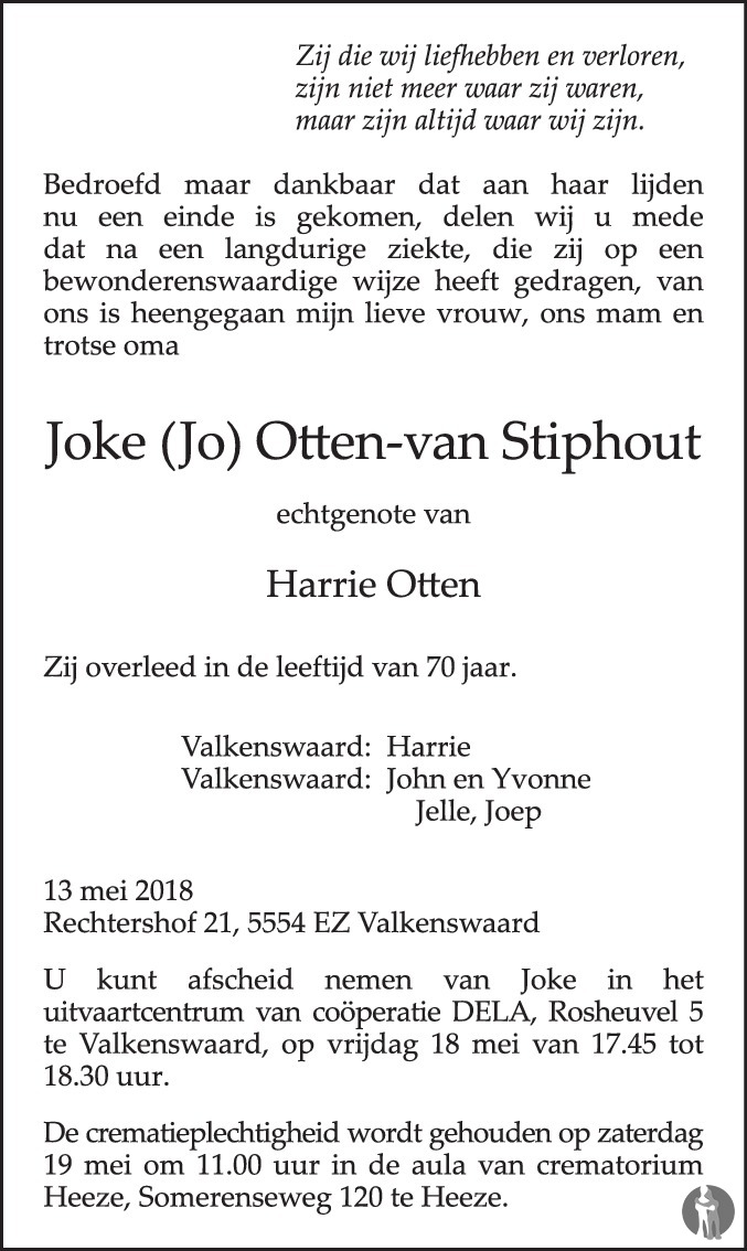 Joke (Jo) Otten - van Stiphout 13-05-2018 overlijdensbericht en ...