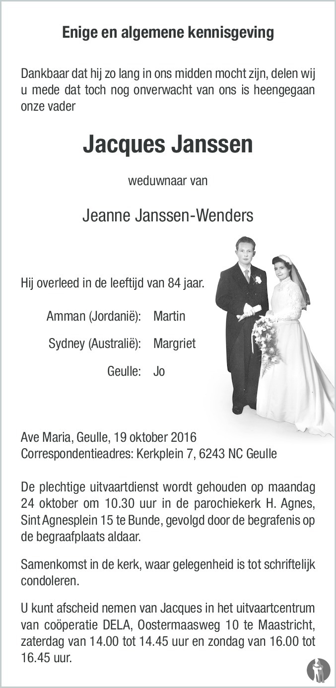 Jacques Janssen 19-10-2016 overlijdensbericht en condoleances ...